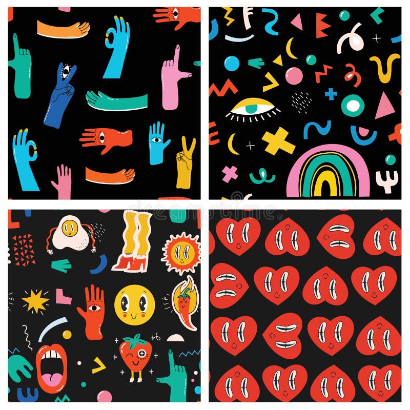 Seamless Pattern with Crazy Comic Faces and Colorful Geometric Shapes ...