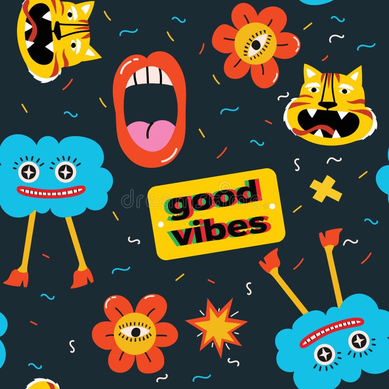 Seamless Pattern with Crazy Comic Faces, Creepy Characters and Colorful ...