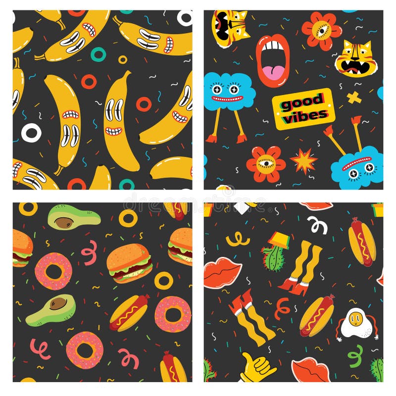 Seamless Pattern with Crazy Comic Faces, Creepy Characters and Colorful ...