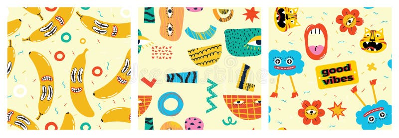 Seamless Pattern with Crazy Comic Faces, Creepy Characters and Colorful ...