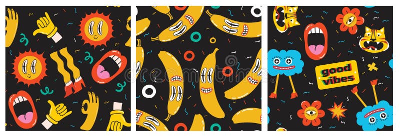 Seamless Pattern with Crazy Comic Faces, Creepy Characters and Colorful ...