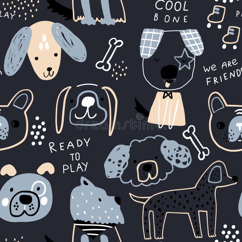Seamless Pattern with Creative Dog Characters. Childish Funny Puppy ...