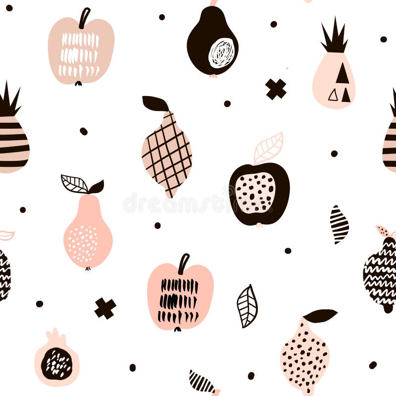 Seamless Pattern with Creative Modern Fruits. Hand Drawn Trendy ...