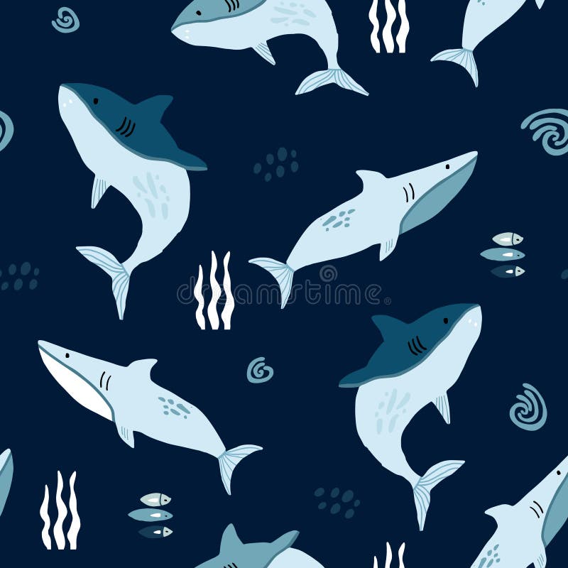 Colorful Seamless Pattern with Sharks, Sea Stars. Decorative Cute ...
