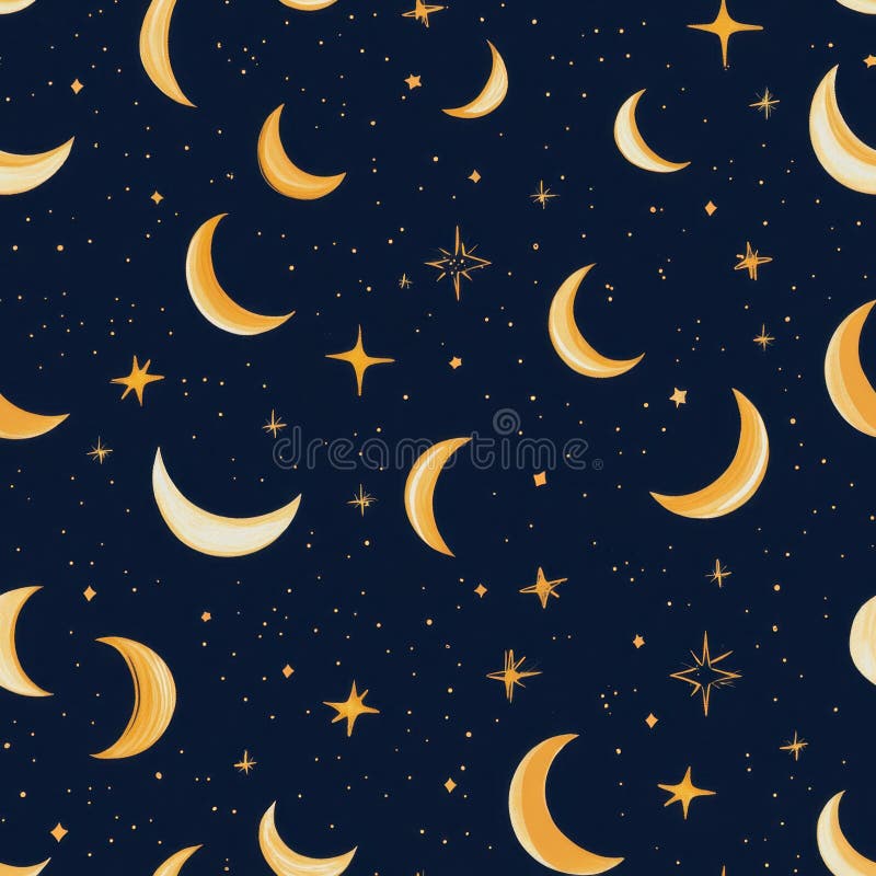 Seamless Pattern of Crescent Moons and Stars on Dark Night Sky. Stock ...