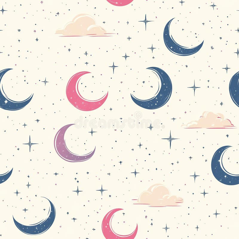 Seamless Pattern of Crescent Moons and Twinkling Stars on a Night Sky ...