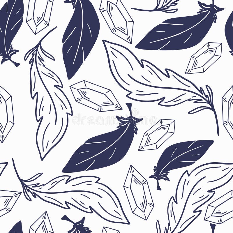 Seamless Pattern Crystals and Feathers Flat Design Monochrome Stock ...