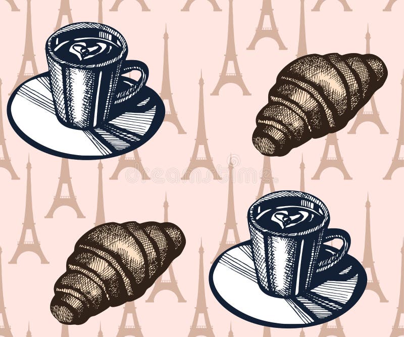 Seamless Pattern with a Cup of Coffee, Cheesecake. Hand Drawing ...
