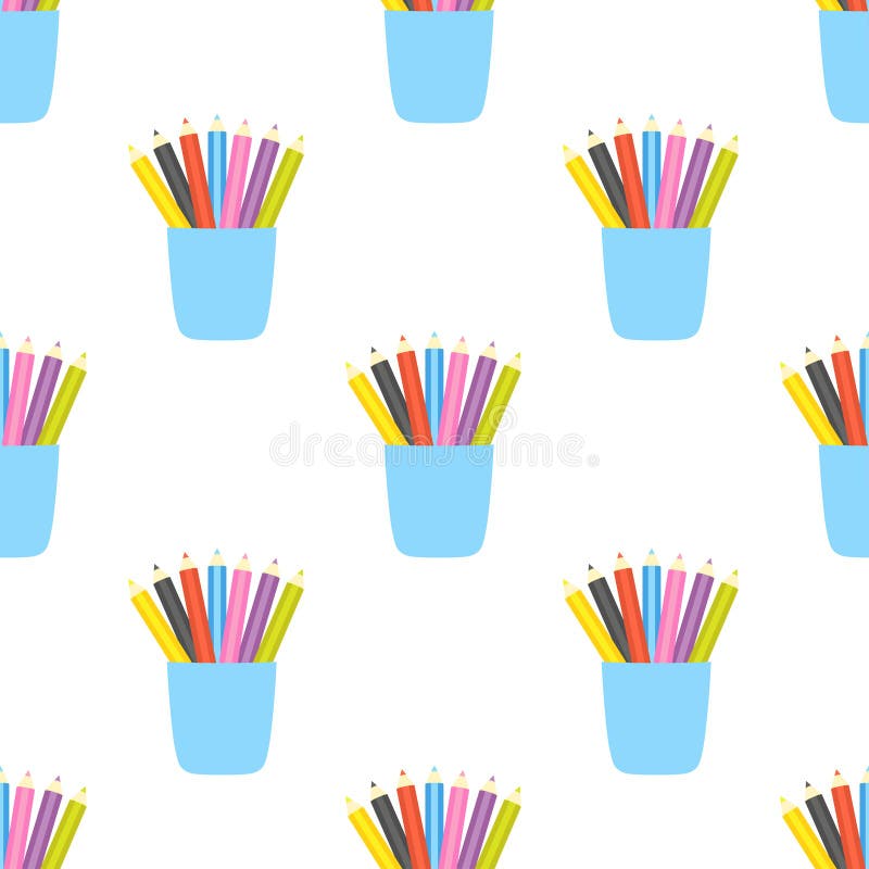 Seamless Pattern with Cup of Colored Pencils Stock Vector ...