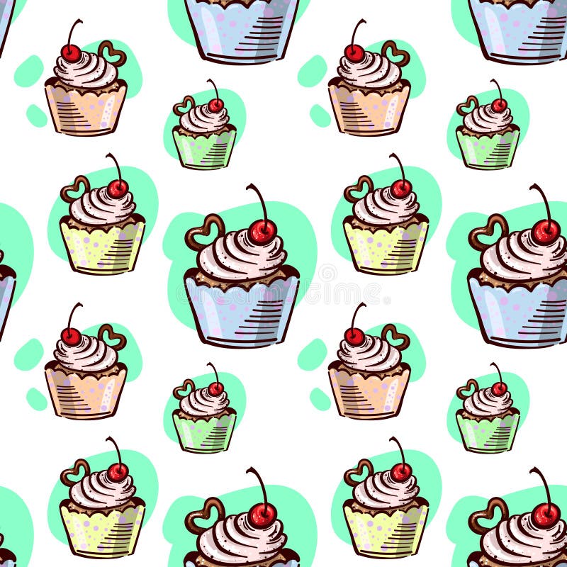 Seamless Pattern Cupcake with Cherry Stock Vector - Illustration of element, design: 138009580