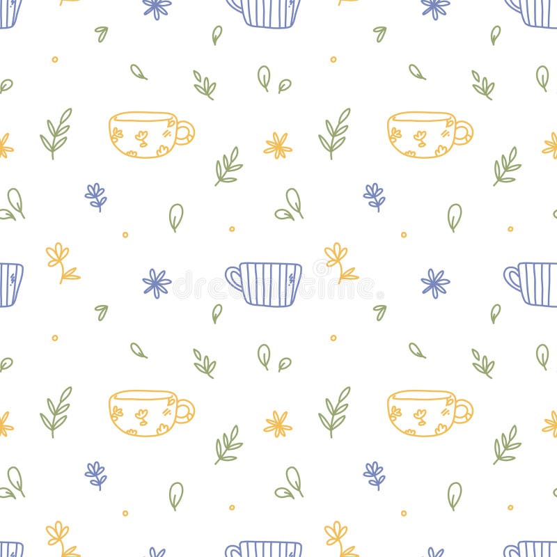 Vector Seamless Pattern with Cups and Flowers Stock Illustration ...