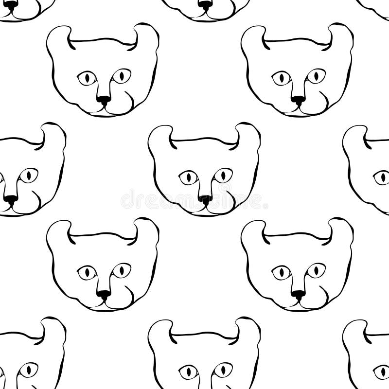 Seamless Pattern with Curl Cat. Linear Black Drawing of Kitten Stock ...