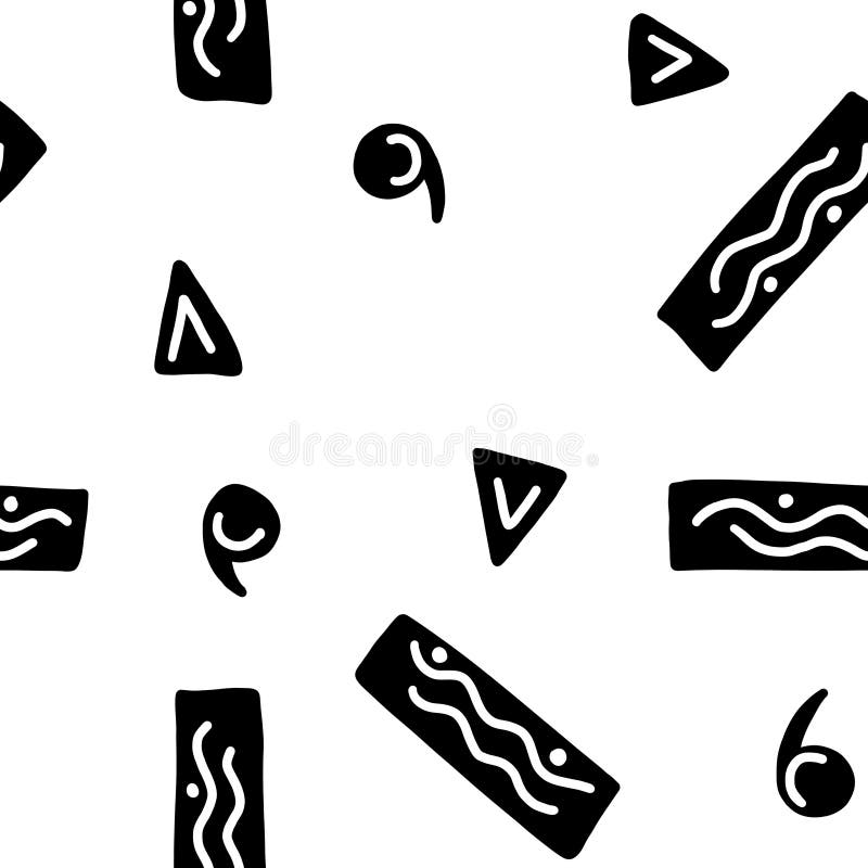 Seamless Pattern of Curly and Geometric Elements in Black on a White ...