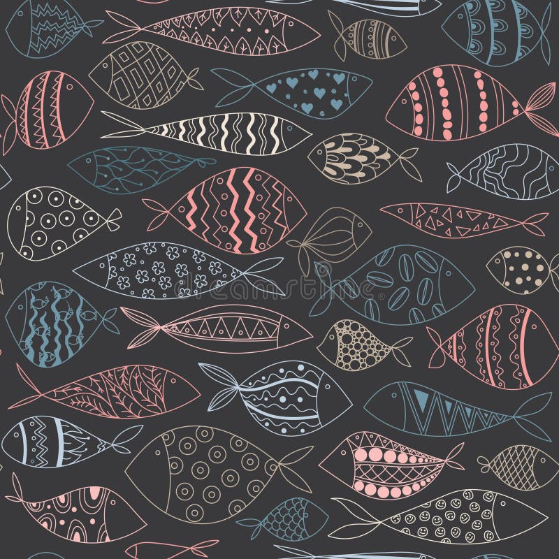 Seamless Pattern of Cute Abstract Fish on Black Background. Pattern of ...