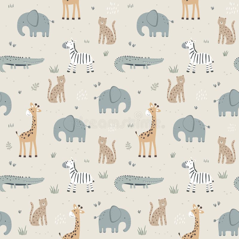 Seamless Pattern with Cute African Animals. Elephant, Leopard, Giraffe ...