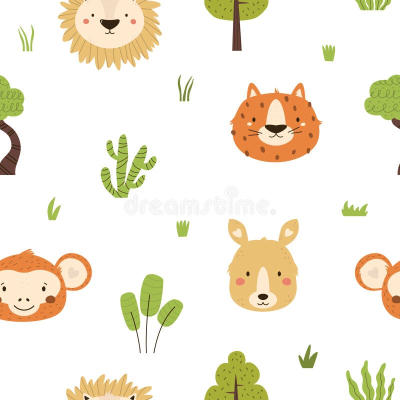 Seamless Pattern with Cute Animal Faces Lion, Cheetah, Monkey, Kangaroo ...