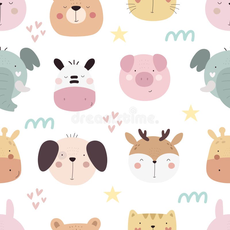 Seamless Pattern with Cute Animals, Decor Elements. Simple Flat Vector ...