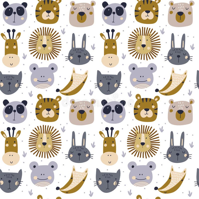 Seamless Pattern with Cute Animals Faces. Childish Print. Vector ...