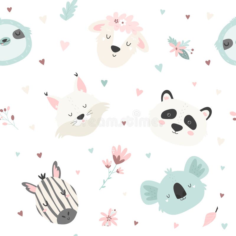 Seamless Pattern with Cute Animals and Floral Elements Stock Vector ...