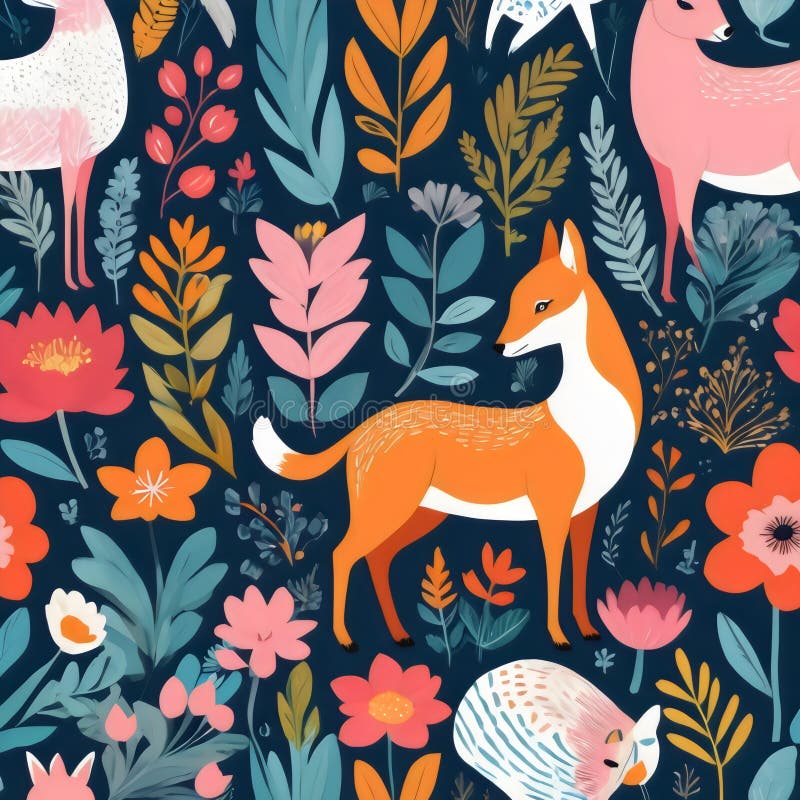 Seamless Pattern with Cute Animals and Flowers. Digital Painting ...