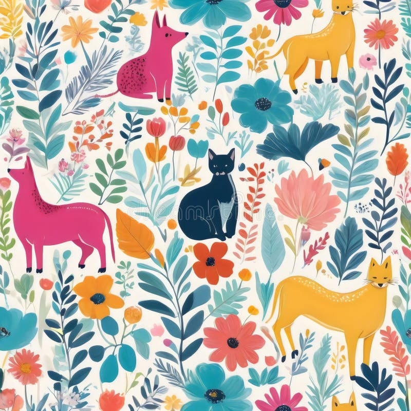 Seamless Pattern with Cute Animals and Flowers. Digital Painting ...
