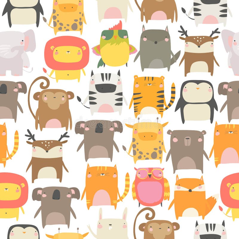 Seamless Pattern with Cute Animals on White Background Stock Vector ...