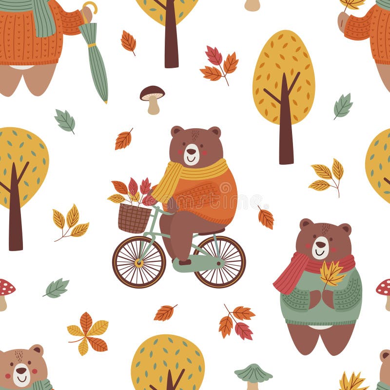 Seamless Pattern with Cute Autumn Bear Stock Illustration ...