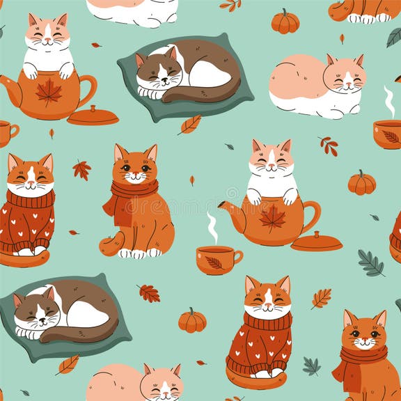Seamless Pattern with Cute Autumn Cats. Vector Graphics Stock Vector ...