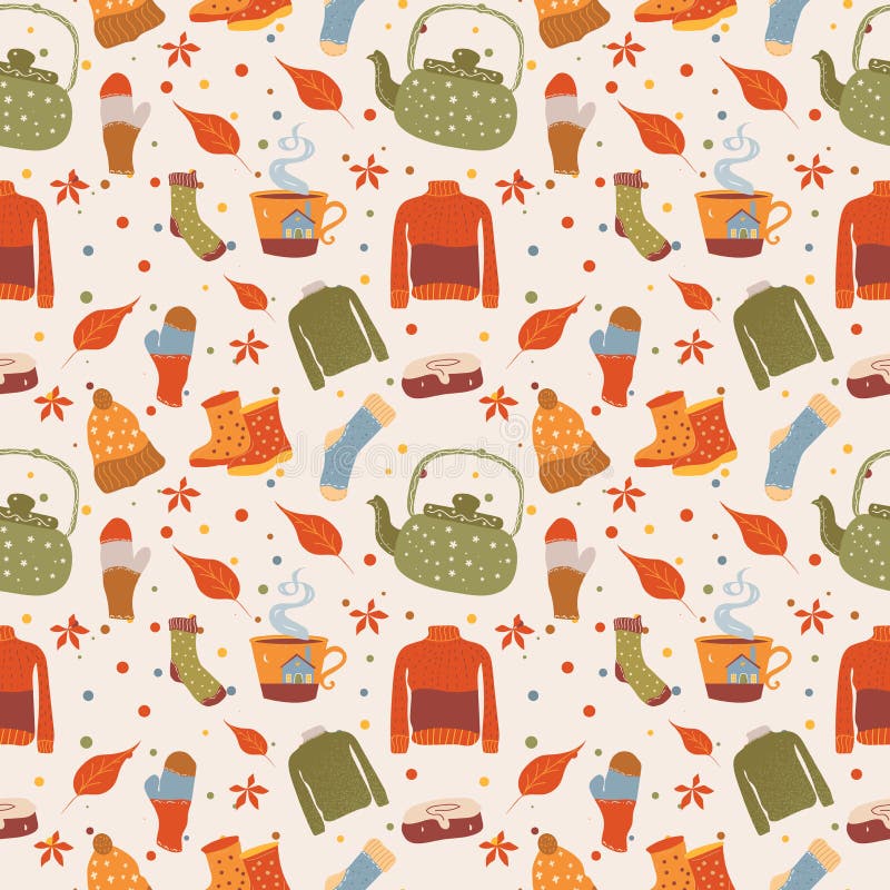 Seamless Pattern with Cute Autumn Illustration, Stickers with Homely ...
