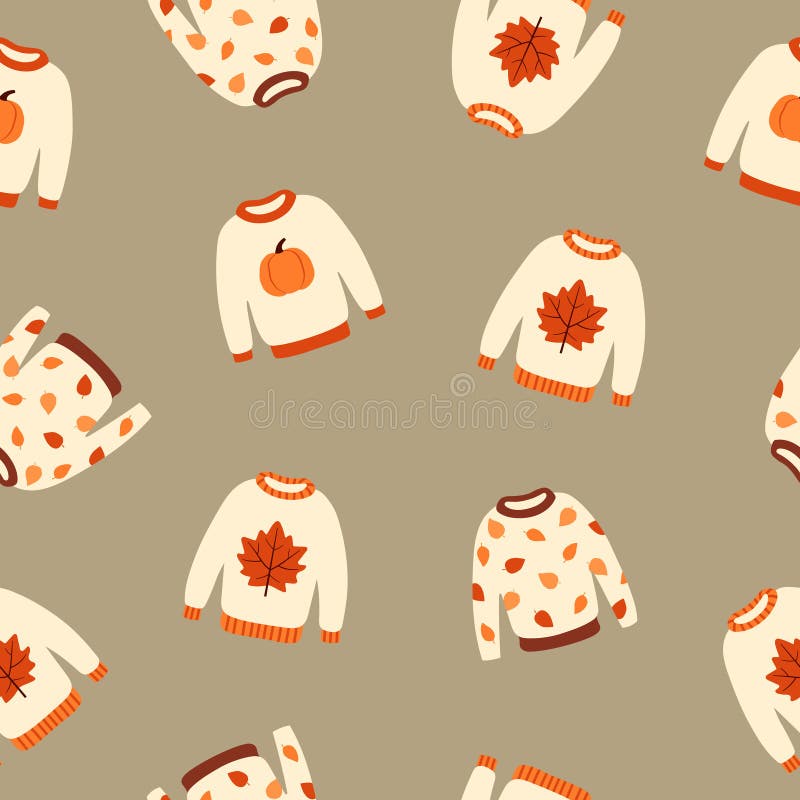 Seamless Pattern with Cute Autumn Sweaters. Pullovers with Leaves and ...