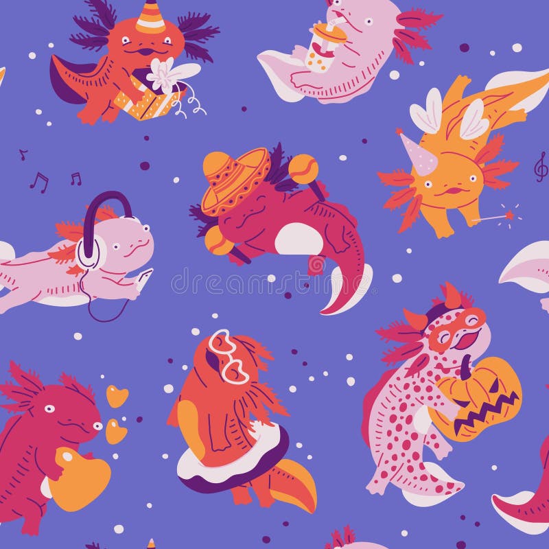 Seamless Pattern with Cute Axolotls Flat Style, Vector Illustration ...
