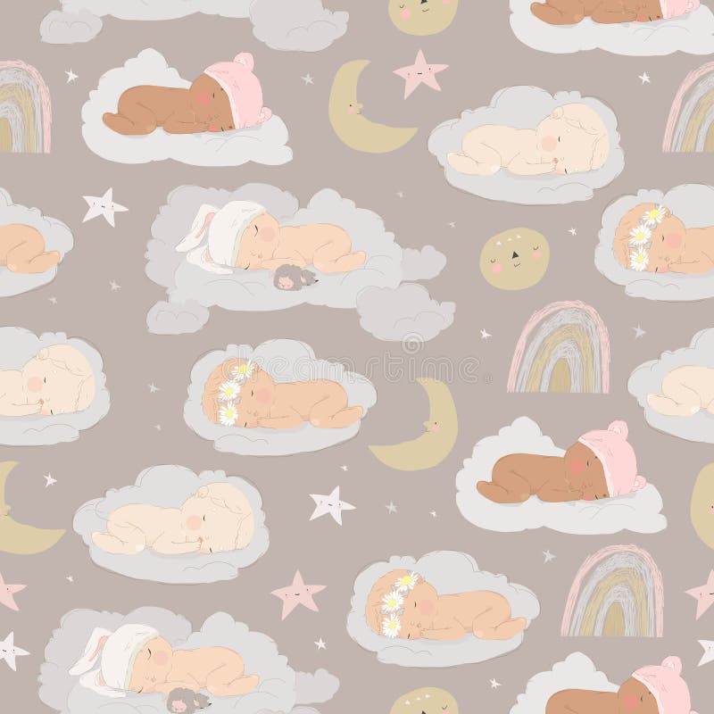 Seamless Pattern with Cute Babies Sleeping on a Clouds Stock Vector ...
