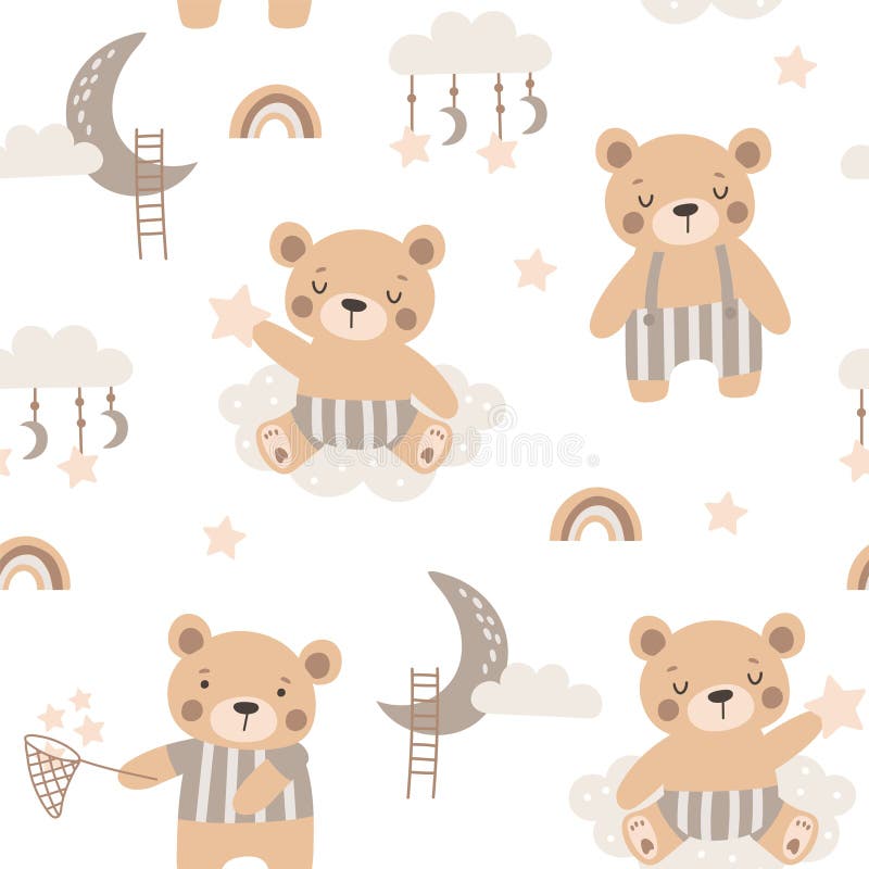 Seamless Pattern with Cute Baby Bear. Hand Drawn Vector Illustrations ...