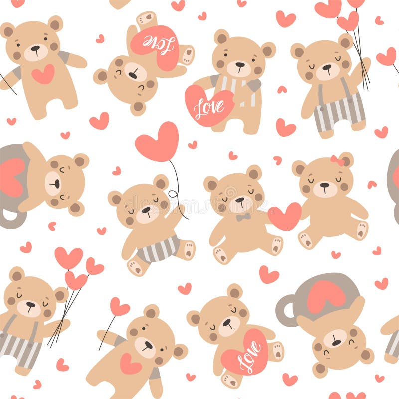 Seamless Pattern with Cute Baby Bear. Hand Drawn Vector Illustrations ...