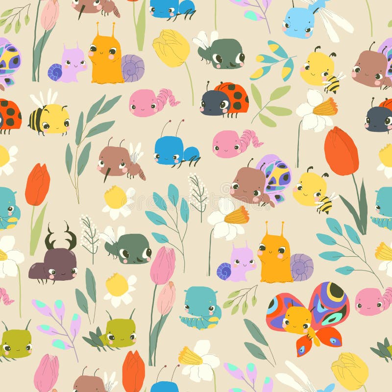 Seamless Pattern with Cute Baby Insects, Flowers and Plants Stock Vector - Illustration of ...