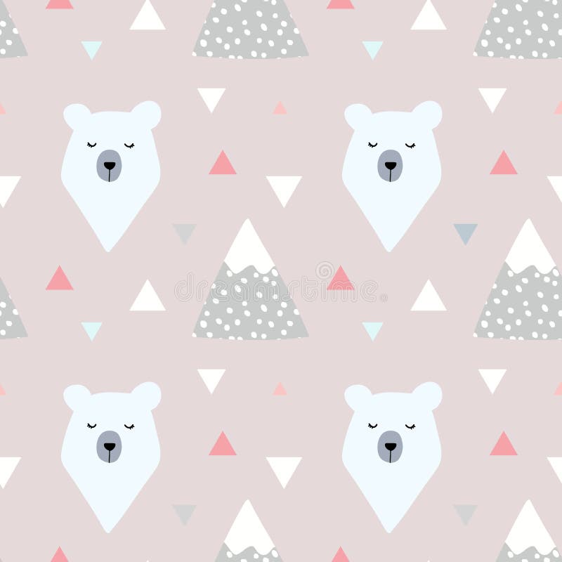 Seamless Pattern with Cute Bear between Mountains and Triangles. Vector ...