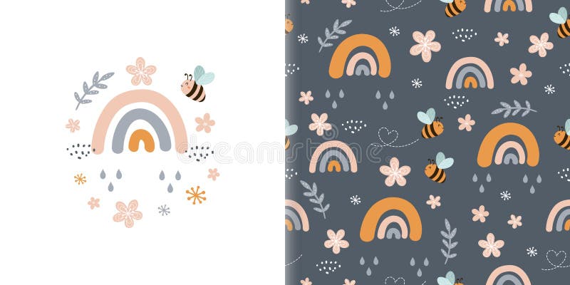 Seamless Pattern with Cute Bee and Rainbow Stock Vector - Illustration ...