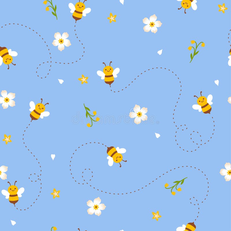 Seamless Pattern with Cute Bees and Flowers. Vector Graphics Stock ...