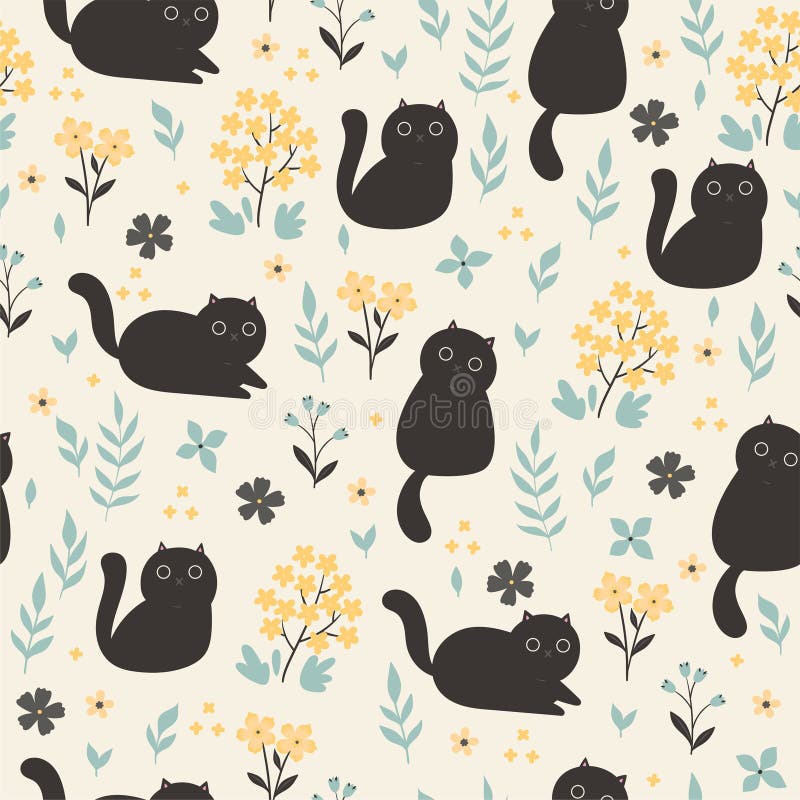 Seamless Pattern with Cute Black Cats and Flowers. Vector Graphics ...
