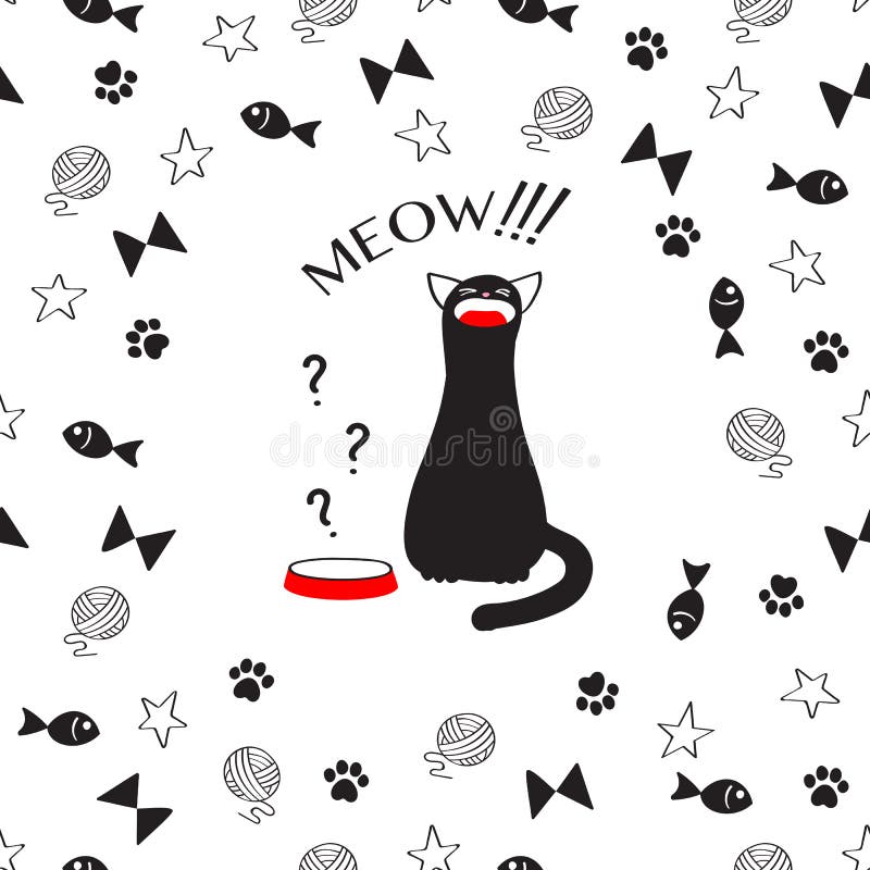 Black Cat. Meow Lettering Text. Cute Cartoon Funny Character. Kawaii ...