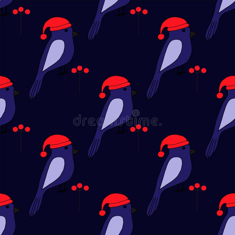 Seamless Pattern with Cute Blue Birds in a Caps and Berries Stock ...