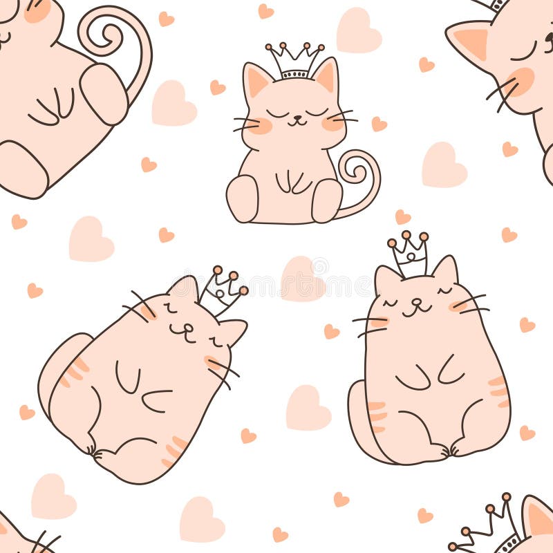 Seamless Pattern of Cute Brown Cat Queen Wearing Crown with Love ...
