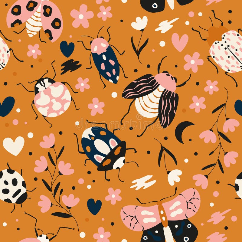 Seamless Pattern with Cute Bugs, Beetles, Moth and Insects, with Floral ...