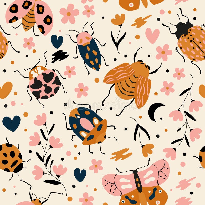 Seamless Pattern with Cute Bugs, Beetles, Moth and Insects, with Floral ...