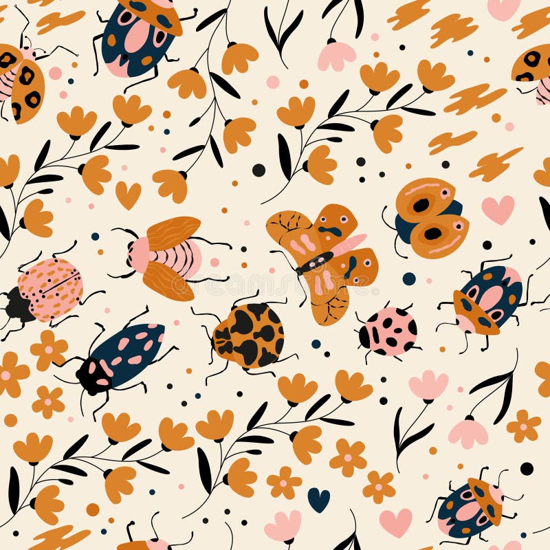 Seamless Pattern with Cute Bugs, Beetles, Moth and Insects, with Floral ...