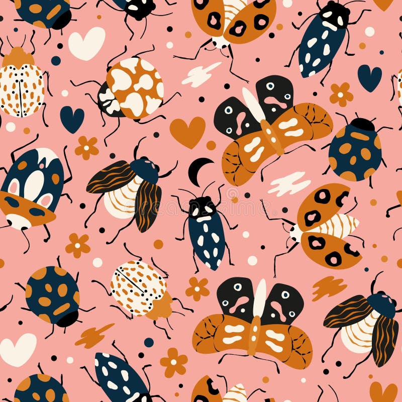 Seamless Pattern with Cute Bugs, Beetles, Moth and Insects, with Floral ...