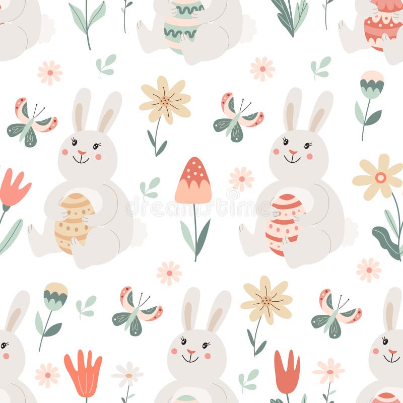 Seamless Pattern with Cute Bunnies with Easter Eggs and Flowers on White Background. Stock ...