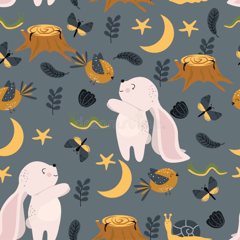 Seamless Pattern with Bunny and Bird - Vector Illustration, Eps Stock ...