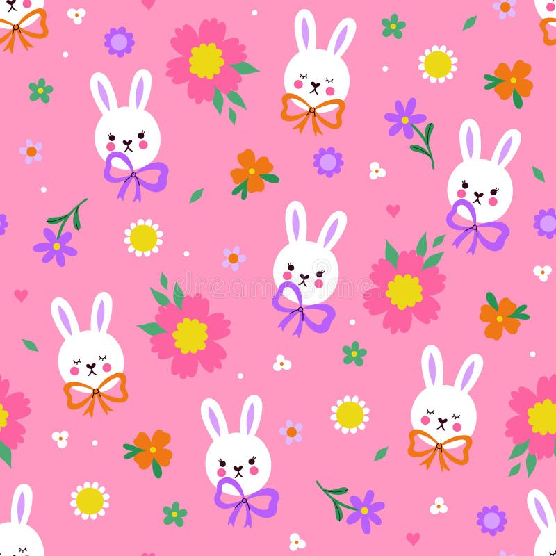 Seamless Pattern with Cute Bunny Faces, Bows and Flowers. Vector ...