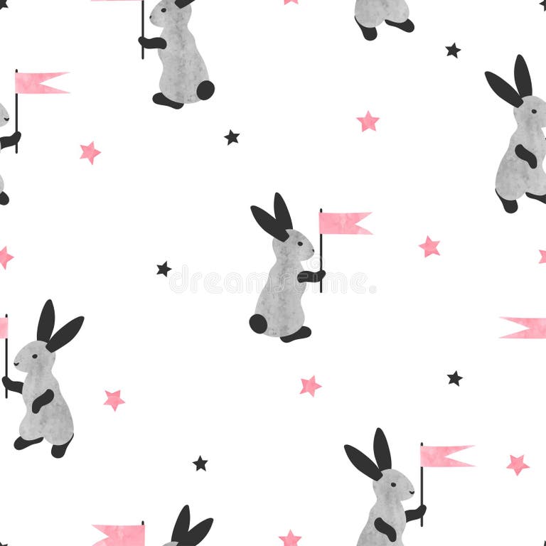 Seamless Pattern with Cute Bunny and Flags. Vector Rabbits Illustration ...